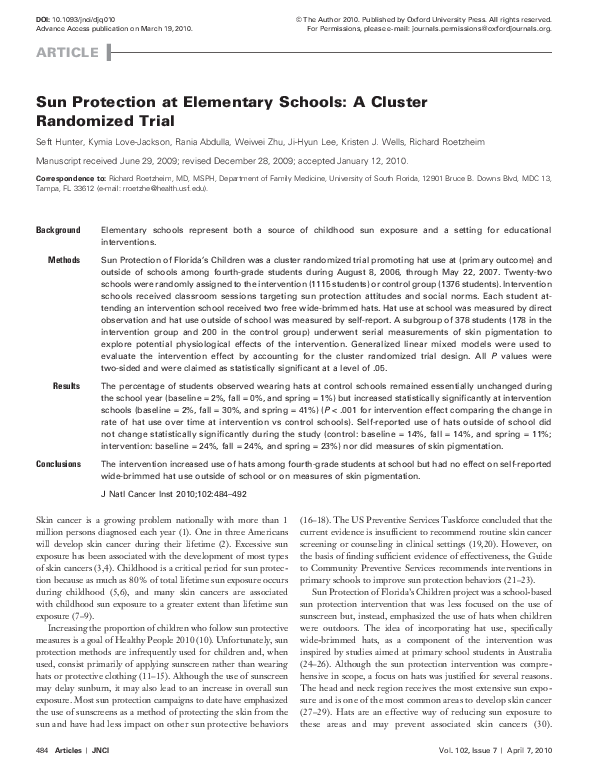 (PDF) Sun Protection at Elementary Schools: A Cluster Randomized Trial
