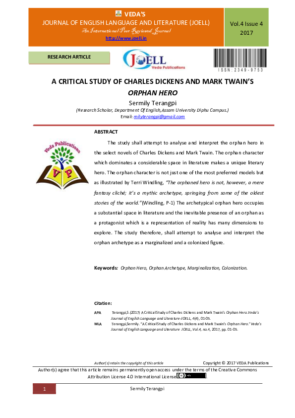 (PDF) A Critical Study of Charles Dickens and Mark Twain’s Orphan Hero