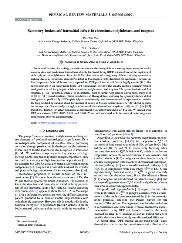(PDF) Symmetry-broken self-interstitial defects in chromium, molybdenum ...