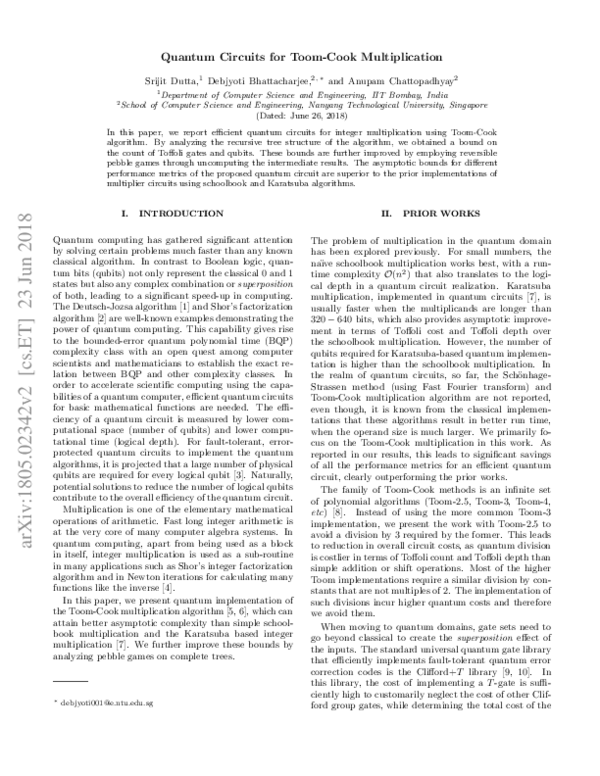 (PDF) Quantum Circuits for Toom-Cook Multiplication