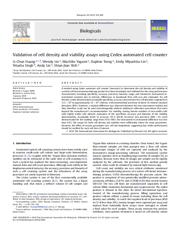 (PDF) Validation of cell density and viability assays using Cedex ...