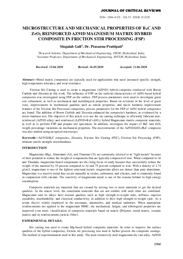 (PDF) MICROSTRUCTURE AND MECHANICAL PROPERTIES OF B4C AND ZrO2 REINFORCED AZ91D MAGNESIUM MATRIX ...