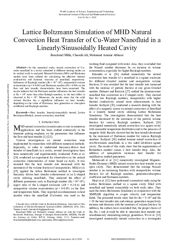 Pdf Lattice Boltzmann Simulation Of Mhd Natural Convection Heat Transfer Of Cu Water Nanofluid