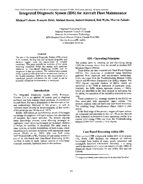 (PDF) Integrated diagnostic system (IDS) for aircraft fleet maintenance