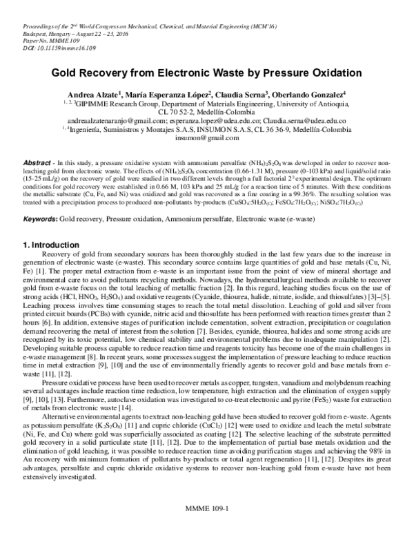 (PDF) Gold Recovery from Electronic Waste by Pressure Oxidation