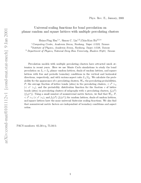 (PDF) Universal scaling functions for bond percolation on planar random and square lattices with ...