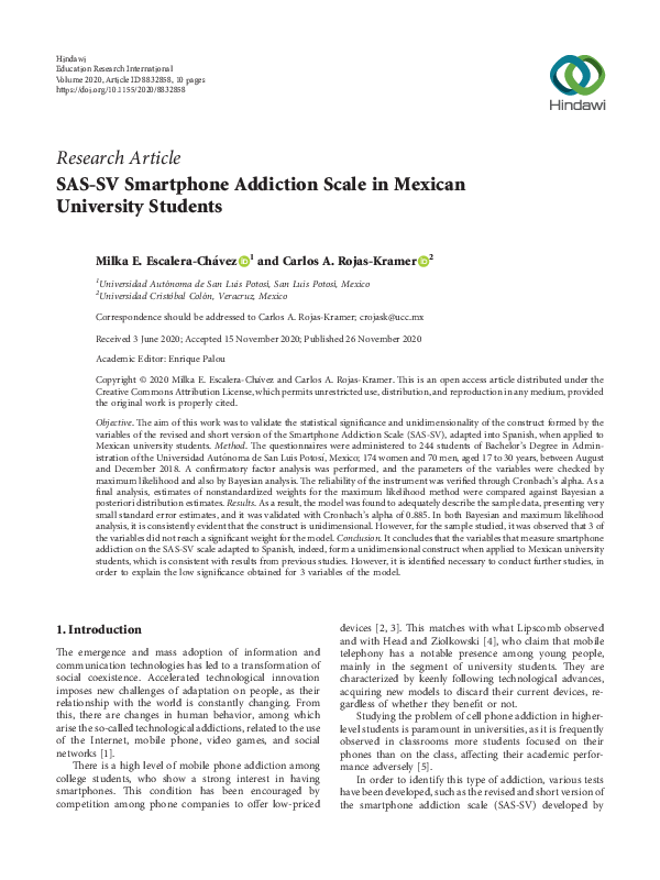 (PDF) SAS-SV Smartphone Addiction Scale in Mexican University Students