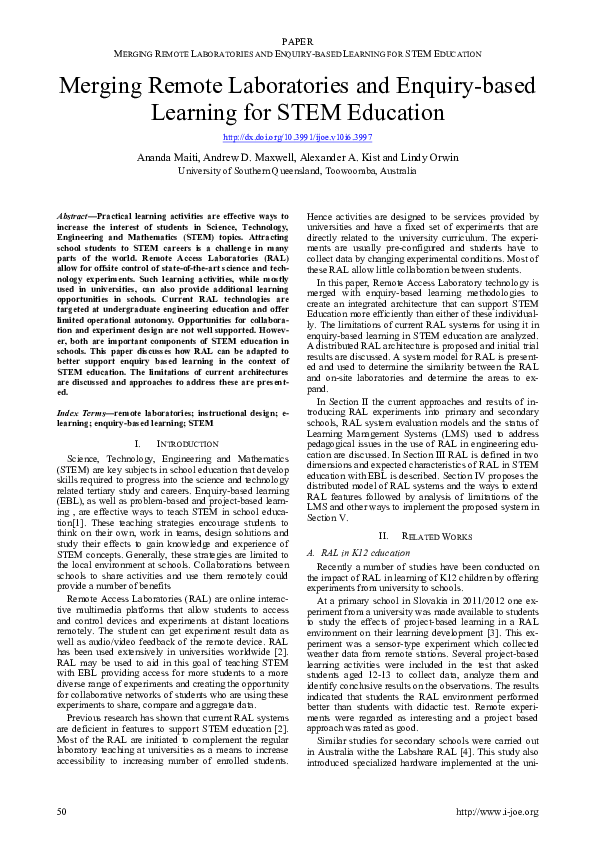 Pdf Merging Remote Laboratories And Enquiry Based Learning For Stem