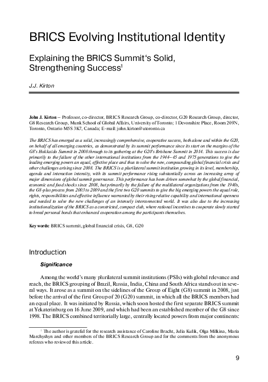 (PDF) Explaining the BRICS Summit Solid, Strengthening Success