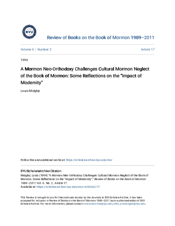 (PDF) A Mormon Neo-Orthodoxy Challenges Cultural Mormon Neglect of the ...