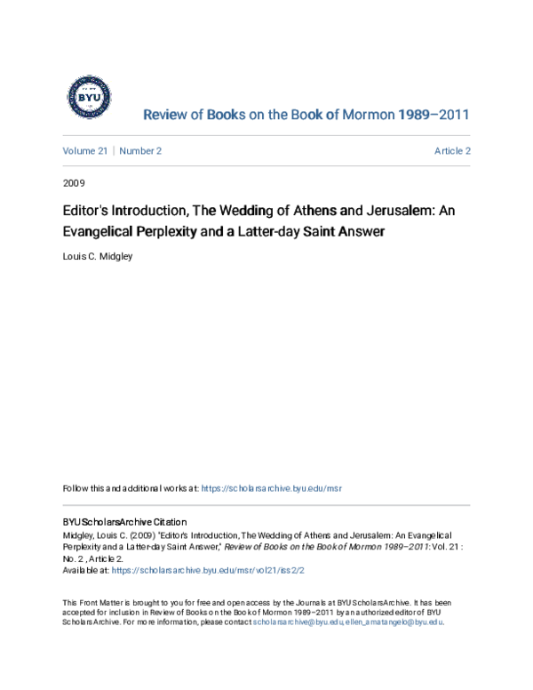 (PDF) Editor's Introduction, The Wedding of Athens and Jerusalem: An ...