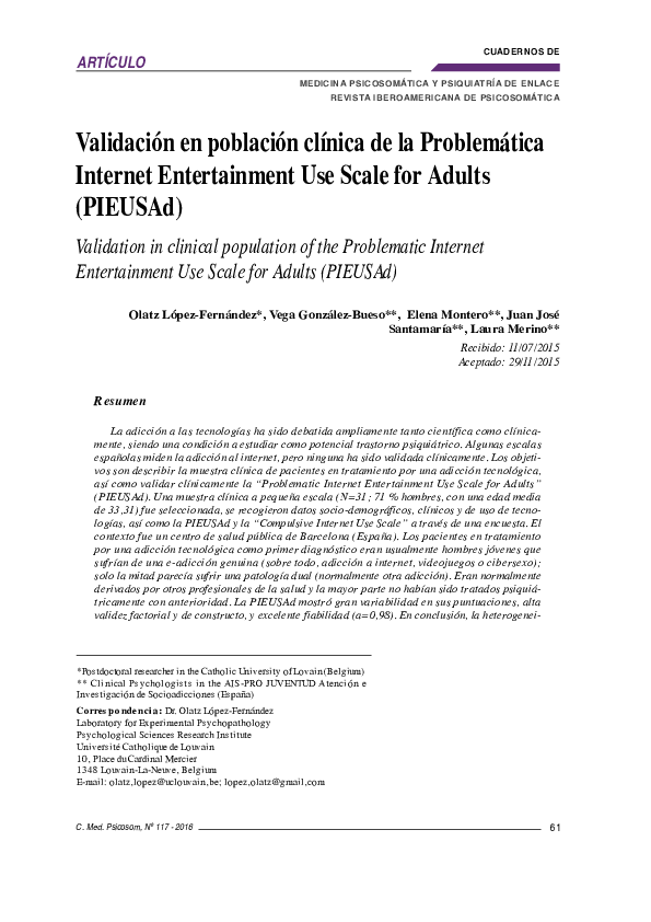 (PDF) Validation in clinical population of the Problematic Internet ...