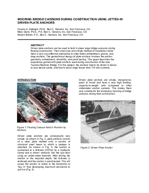 (PDF) Mooring Bridge Caissons during Construction using Jetted-In ...