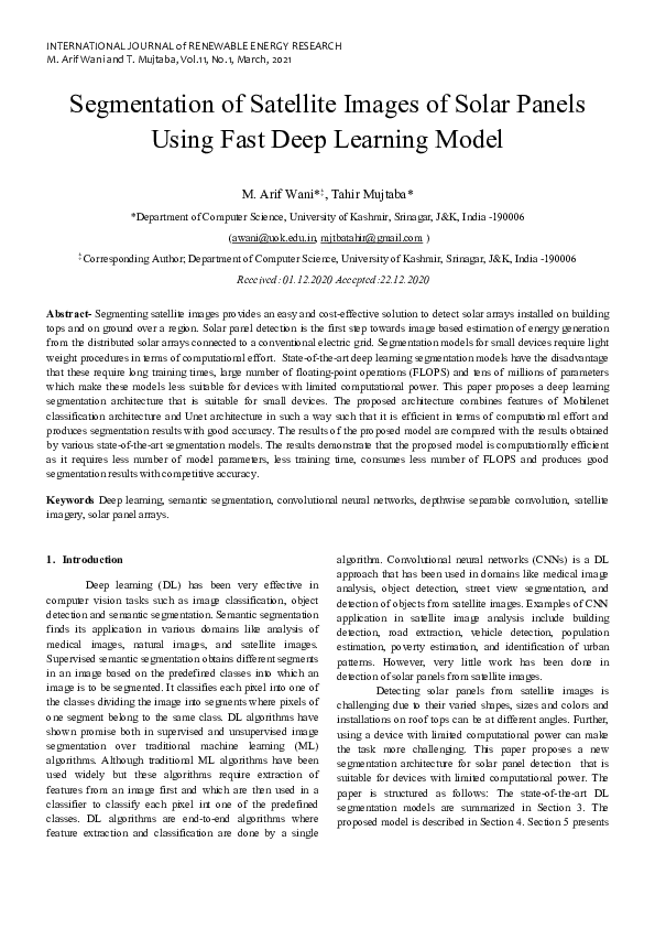 (PDF) Segmentation of Satellite Images of Solar Panels Using Fast Deep ...