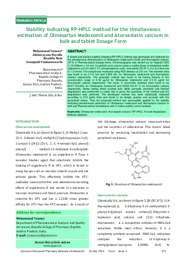 (PDF) Stability indicating RP-HPLC method for the simultaneous estimation of Olmesartan ...