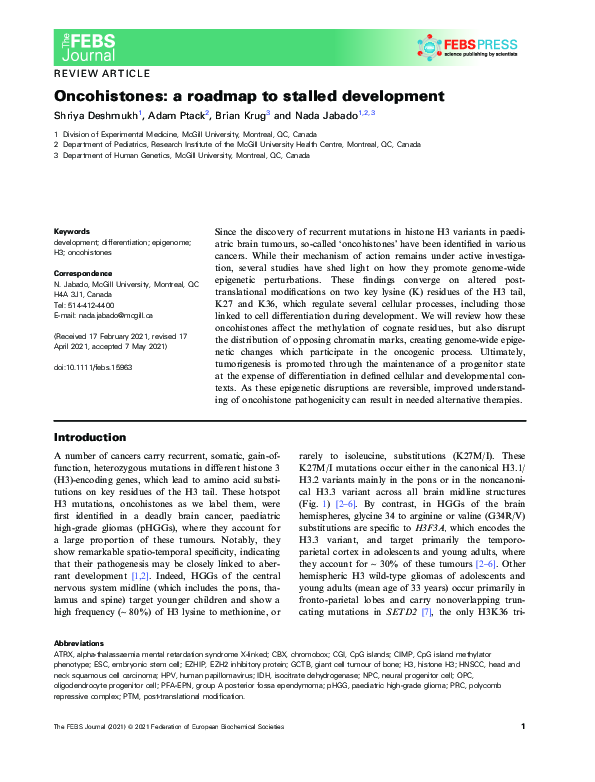 (PDF) Oncohistones: a roadmap to stalled development