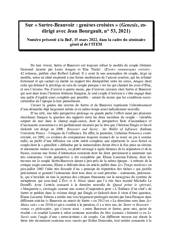 (DOC) Présentation du n° « Sartre-Beauvoir : genèses croisées ...