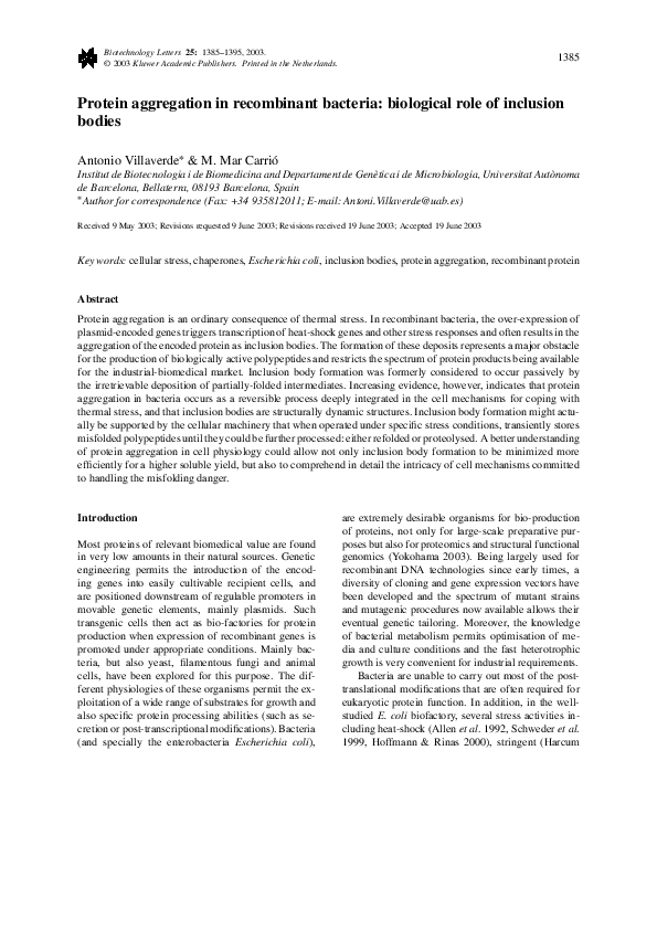 (PDF) Protein aggregation in recombinant bacteria: biological role of ...