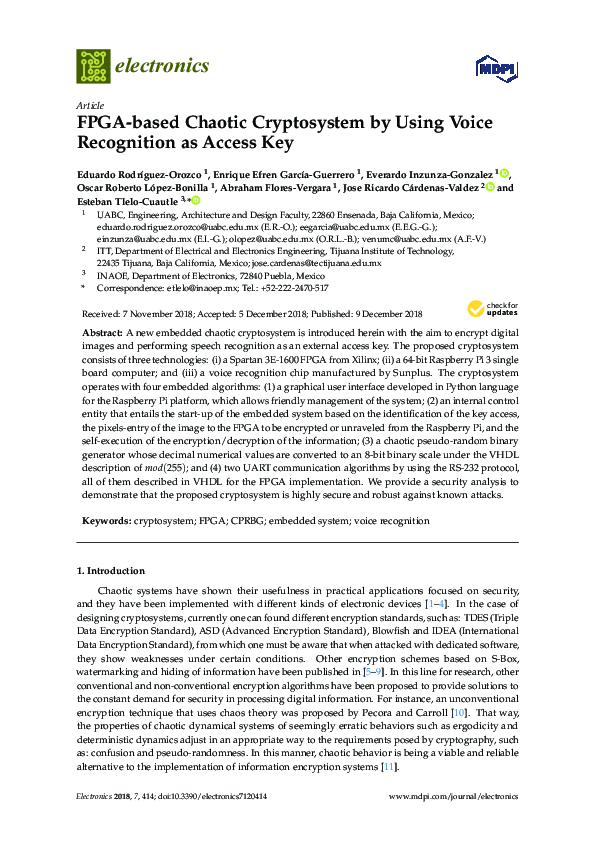 (PDF) FPGA-based Chaotic Cryptosystem by Using Voice Recognition as Access Key