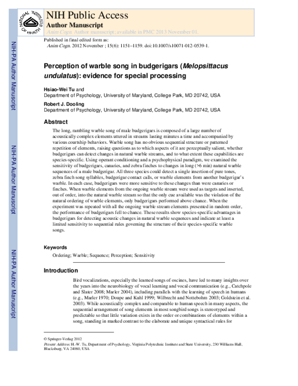 (PDF) Perception of warble song in budgerigars (Melopsittacus undulatus ...