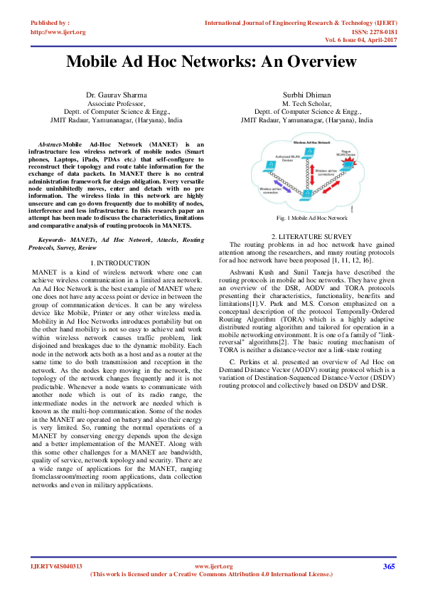 (PDF) Mobile Ad Hoc Networks: An Overview