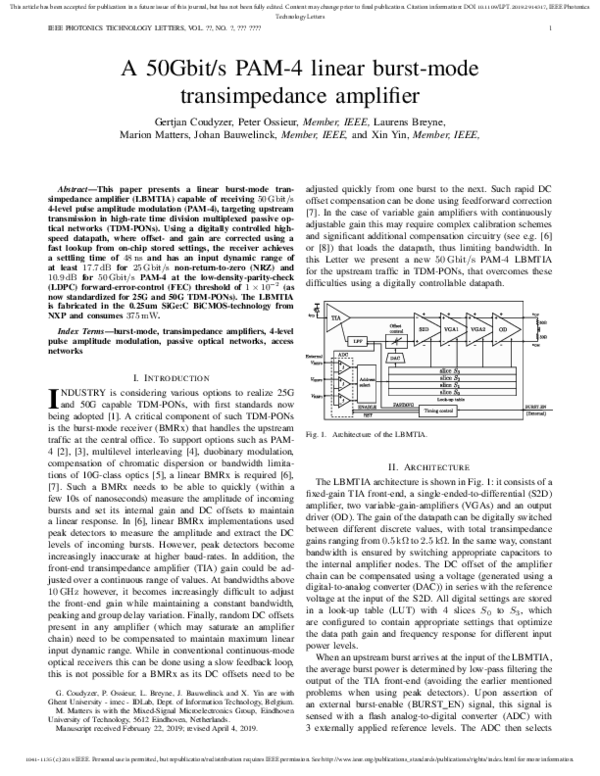 (PDF) A 50Gbit/s PAM-4 linear burst-mode transimpedance amplifier