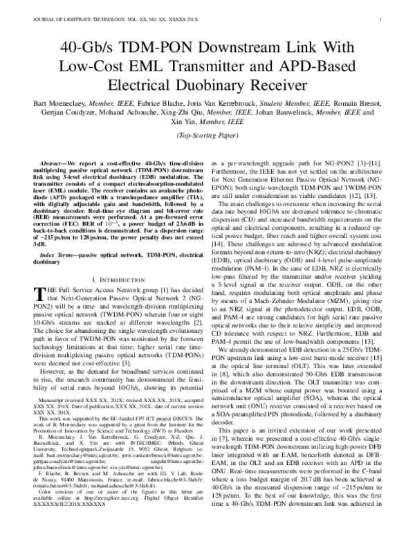 (PDF) 40-Gb/s TDM-PON Downstream Link With Low-Cost EML Transmitter and ...