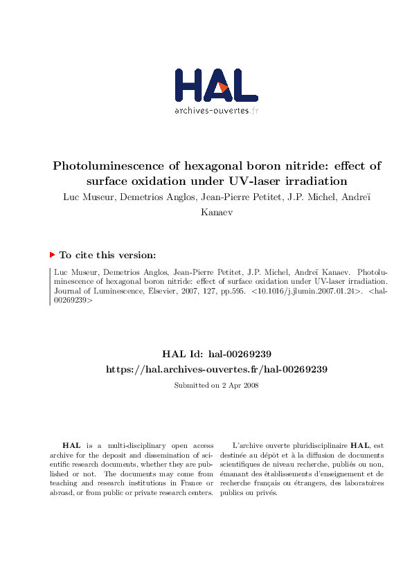 (PDF) Photoluminescence of hexagonal boron nitride: Effect of surface oxidation under UV-laser ...