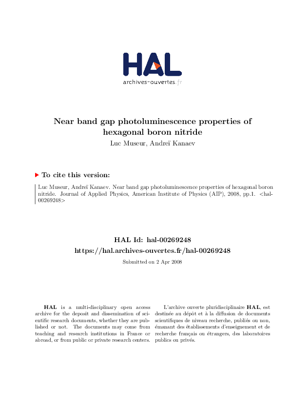 (PDF) Near band-gap photoluminescence properties of hexagonal boron nitride