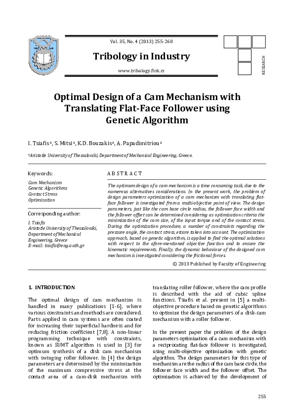(PDF) Optimal Design of a Cam Mechanism with Translating Flat ‐ Face Follower using Genetic ...