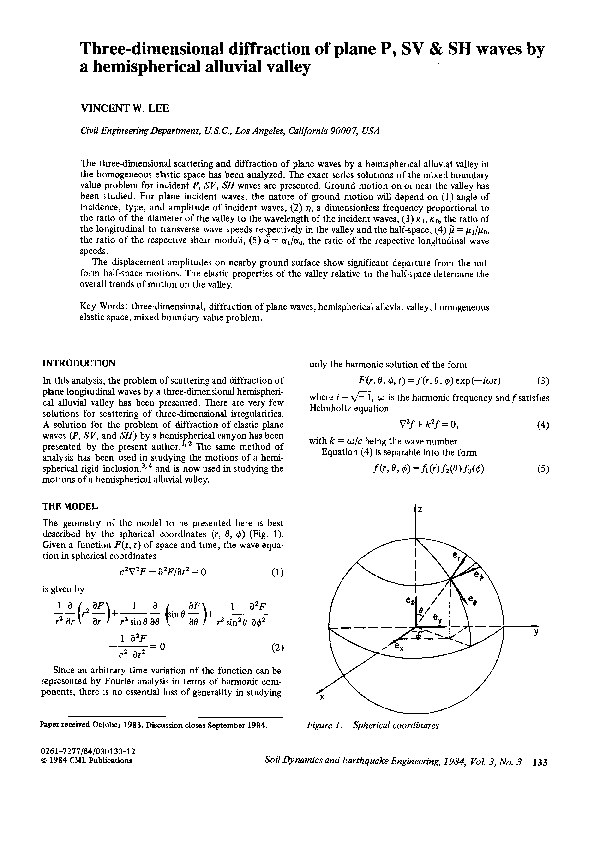 (PDF) Three-dimensional diffraction of plane P, SV & SH waves by a ...