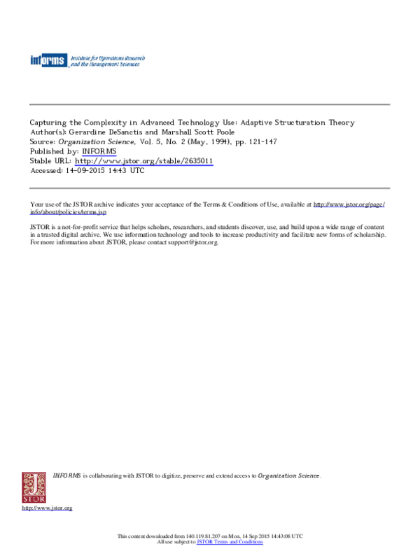 (PDF) Capturing the Complexity in Advanced Technology Use: Adaptive Structuration Theory