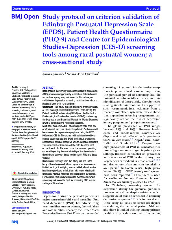 (PDF) Study protocol on criterion validation of Edinburgh Postnatal ...