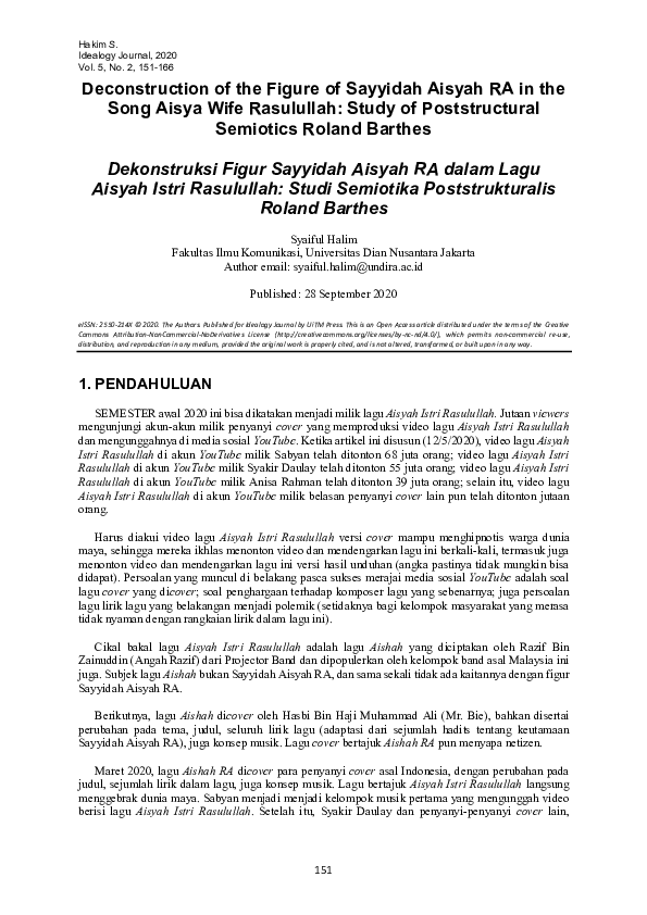 (PDF) Deconstruction of the Figure of Sayyidah Aisyah RA in the Song ...