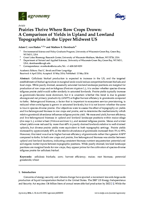 (PDF) Prairies Thrive Where Row Crops Drown: A Comparison of Yields in ...