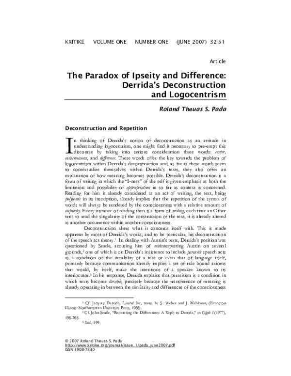 (PDF) The Paradox of Ipseity and Difference: Derrida's Deconstruction ...