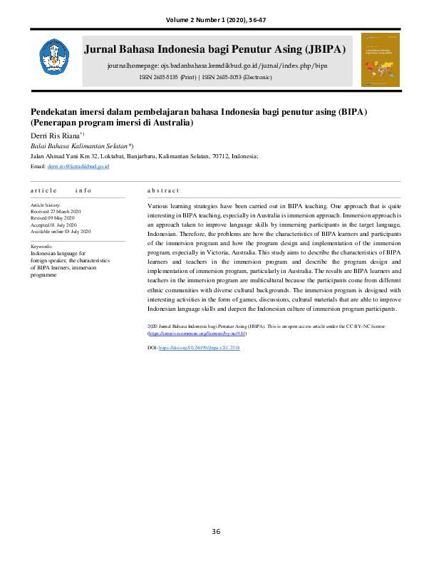 (PDF) Pendekatan Imersi Dalam Pembelajaran Bahasa Indonesia Bagi Penutur Asing (BIPA) (Penerapan ...