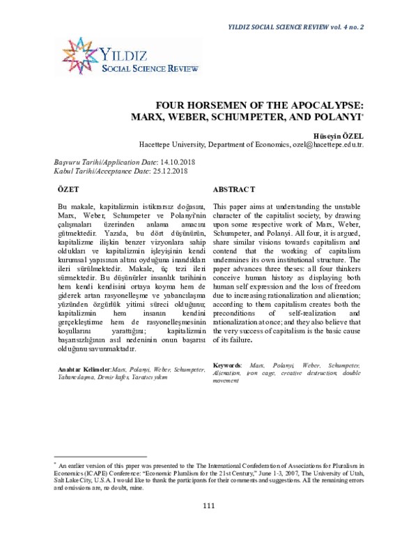 (PDF) Four Horsemen of the Apocalypse: Marx, Weber, Schumpeter, and Polanyi