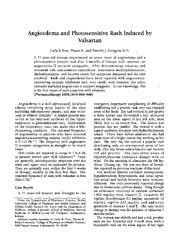 (PDF) Angioedema and photosensitive rash induced by valsartan | Carla ...