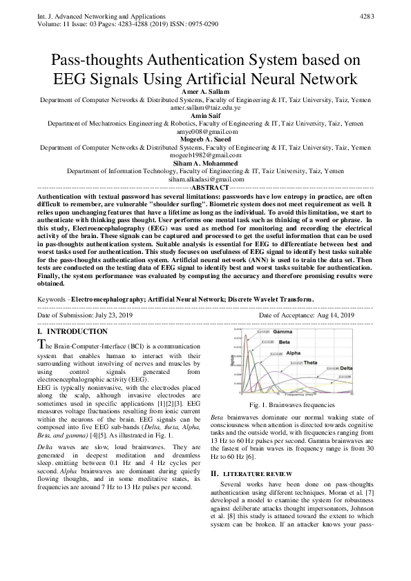 Pdf Pass Thoughts Authentication System Based On Eeg Signals Using Artificial Neural Network