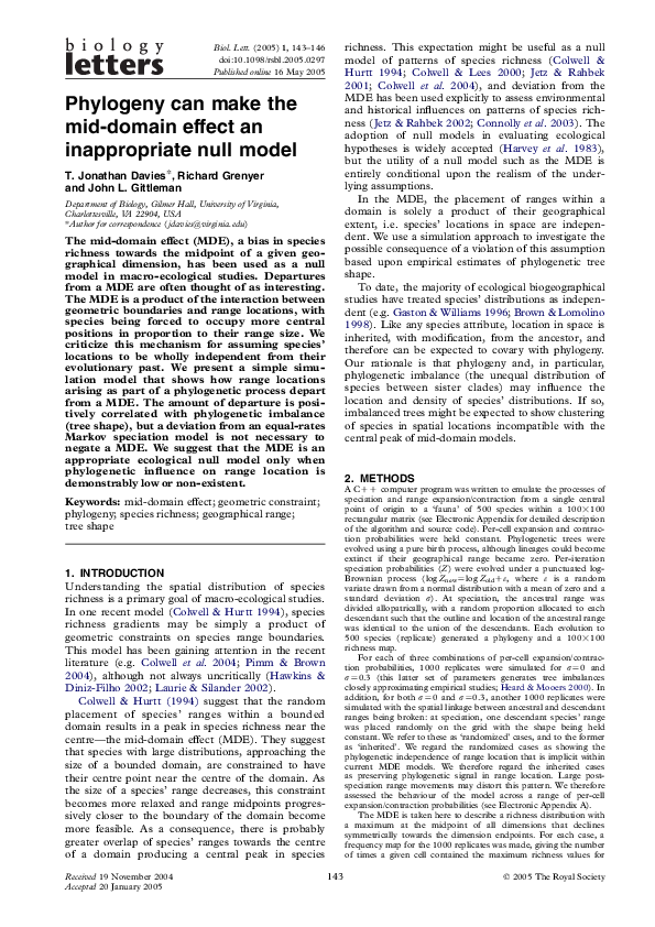 (PDF) Phylogeny can make the mid-domain effect an inappropriate null model