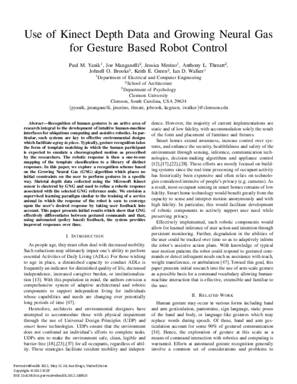 (PDF) Use of Kinect Depth Data and Growing Neural Gas for Gesture Based Robot Control