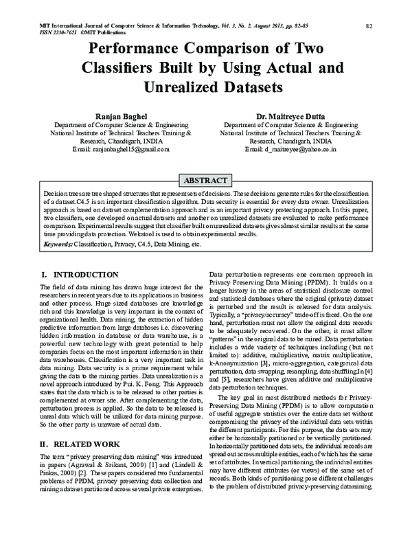 Pdf Performance Comparison Of Two Classifiers Built By Using Actual