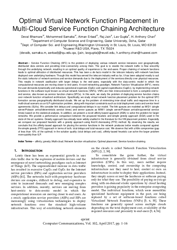 Pdf Optimal Virtual Network Function Placement And Resource Allocation In Multi Cloud Service