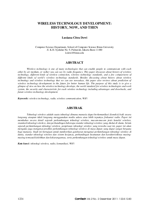 (PDF) Wireless Technology Development: History, Now, and Then