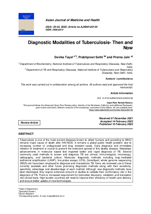 (PDF) Diagnostic Modalities of Tuberculosis- Then and Now