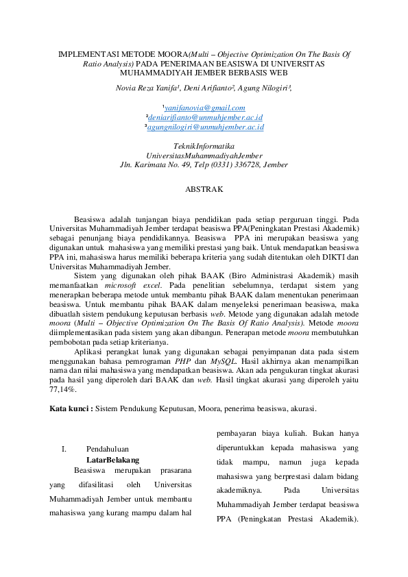(PDF) Implementasi Metode MOORA (Multi – Objective Optimization On The Basis Of Ratio Analysis ...