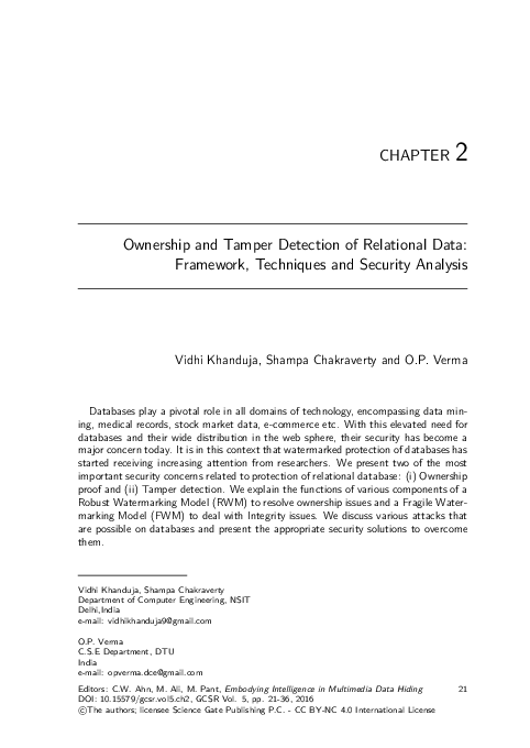 (PDF) Ownership and Tamper Detection of Relational Data: Framework, Techniques and Security Analysis