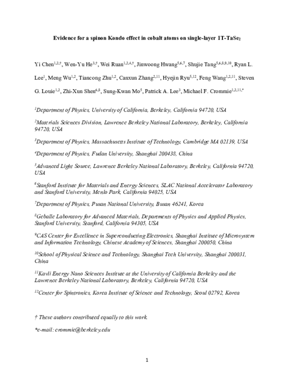 (PDF) Evidence for a spinon Kondo effect in cobalt atoms on single-layer 1T-TaSe$_2$