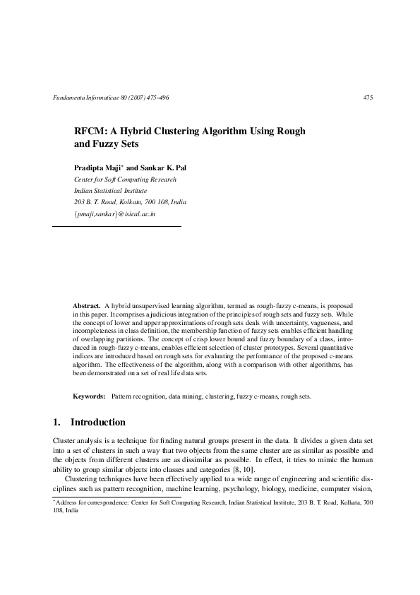 (PDF) RFCM: A Hybrid Clustering Algorithm Using Rough and Fuzzy Sets